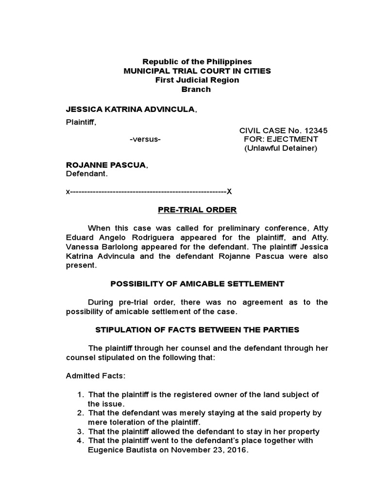 Final Pre Trial Order | PDF | Settlement (Litigation) | Lawsuit