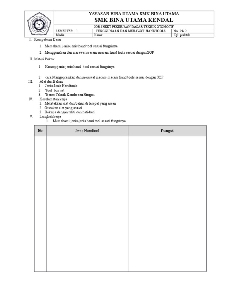 Job Sheet Handtools Otomotif Kelas 10 | PDF | Komputer