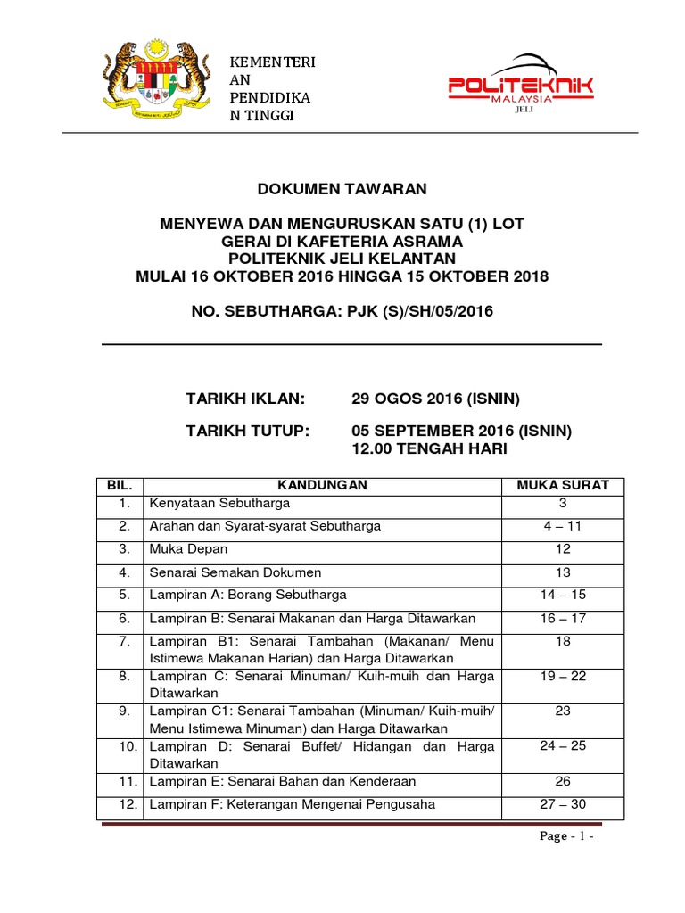 Contoh Sebutharga Menyewa Kafeteria