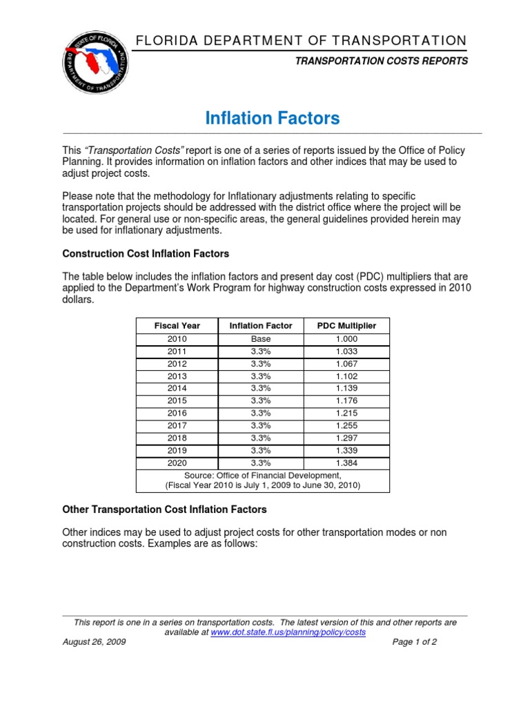 Florida Transportation Cost Inflation Factors | PDF | Index (Economics ...