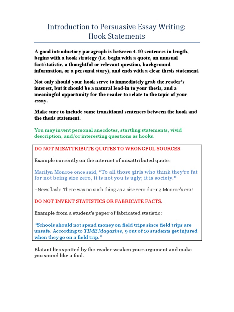 Persuasive Essay Hooks: Effective Ways to Start Your Introduction | PDF ...