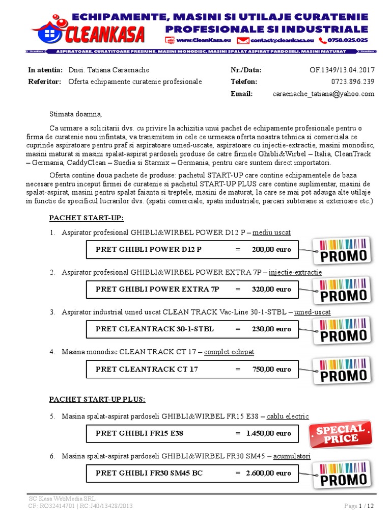 Oferta Echipamente Curatenie Profesionale | PDF