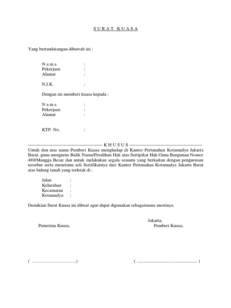 Contoh Surat Kuasa Pengurusan Tanah | PDF