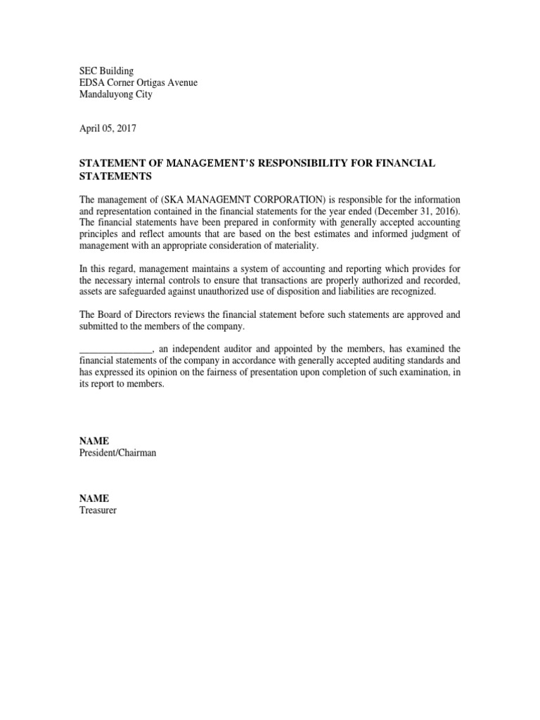 Statement of Management's Responsibility For The Financial Statements | PDF