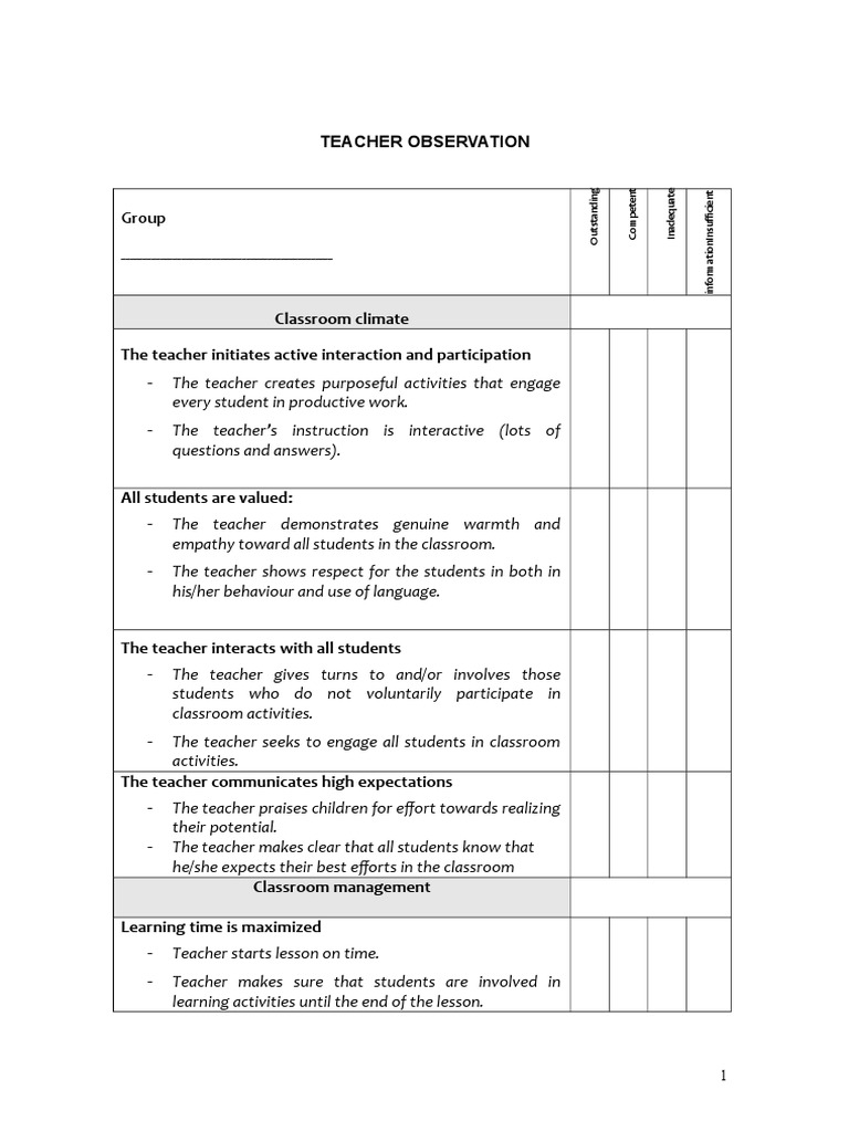Teacher Observation Schedule Guide | PDF | Educational Assessment ...