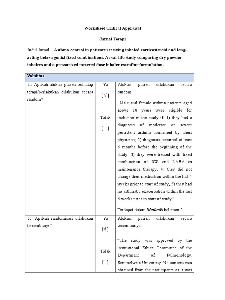 Worksheet Critical Appraisal Jurnal Terapi | PDF | Asthma | Therapy