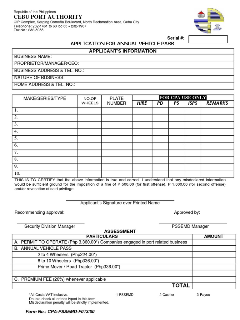 Cebu Port Annual Vehicle Pass Form | PDF