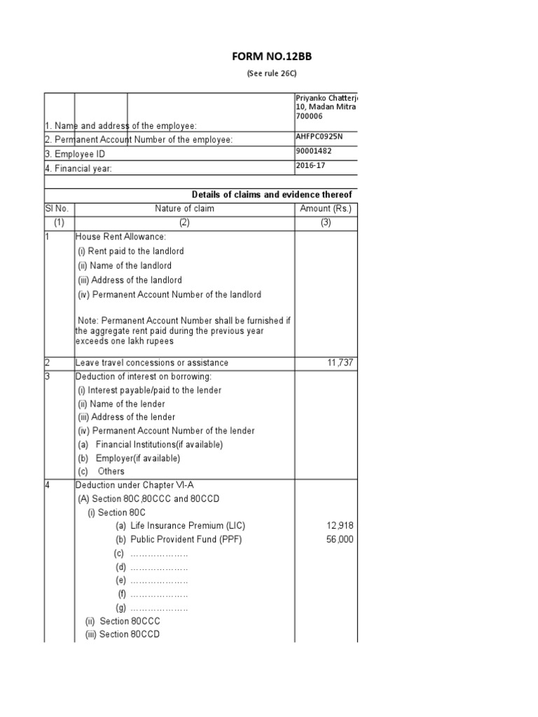Form 12BB in Excel Format | Download Free PDF | Loans | Interest