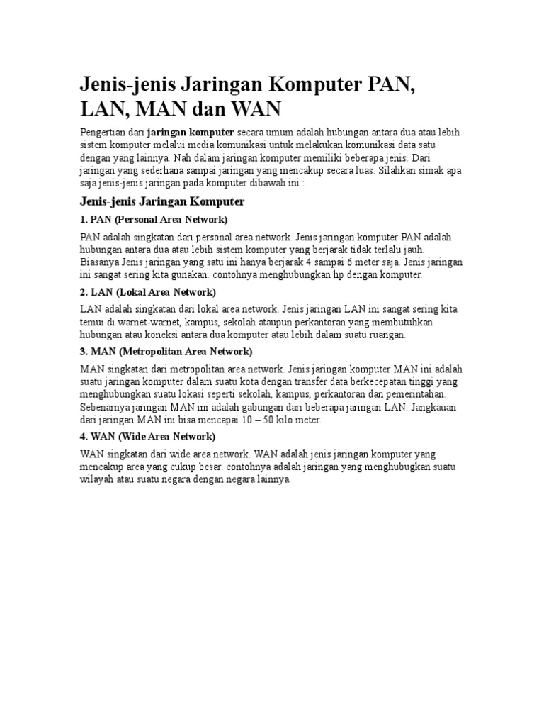 Jenis-Jenis Jaringan Komputer: PAN, LAN, MAN, WAN | PDF | Seni ...