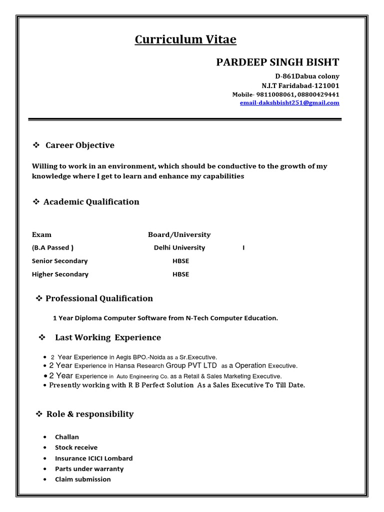 Curriculum Vitae: Pardeep Singh Bisht | PDF | Cognition | Further Education