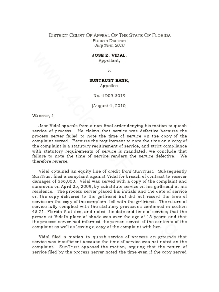 FL 4th DCA - Reversed - Service of Process Insufficient - JOSE E. VIDAL ...