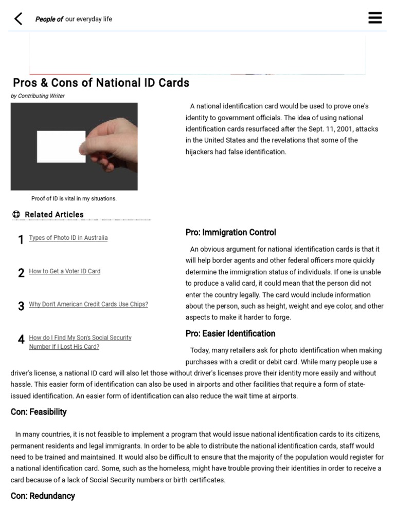 Pros & Cons of National ID Cards - Our Everyday Life | PDF | Identity ...