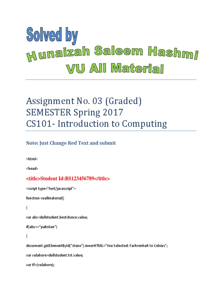 Assignment No. 03 (Graded) SEMESTER Spring 2017 CS101-Introduction To Computing | PDF