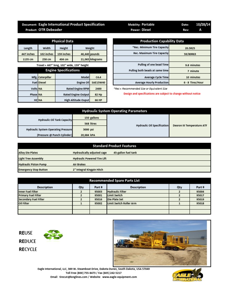 Otr Debeader Portable Diesel Spec Sheet | PDF | Diesel Engine | Engines