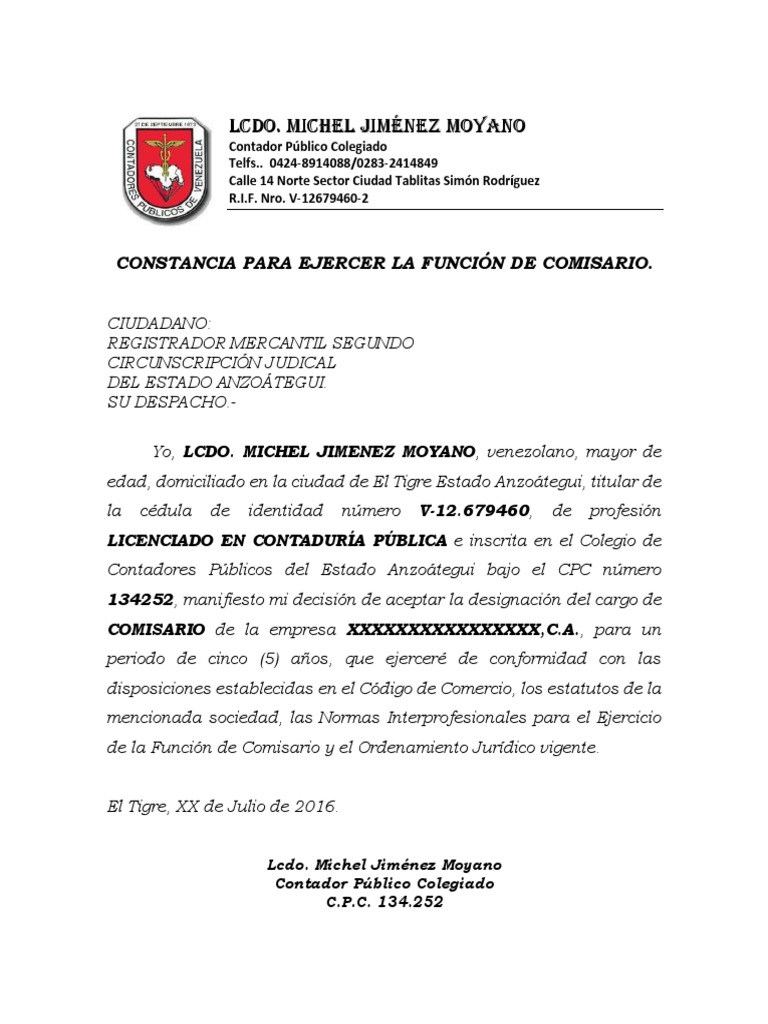 Carta Aceptacion Comisario | PDF