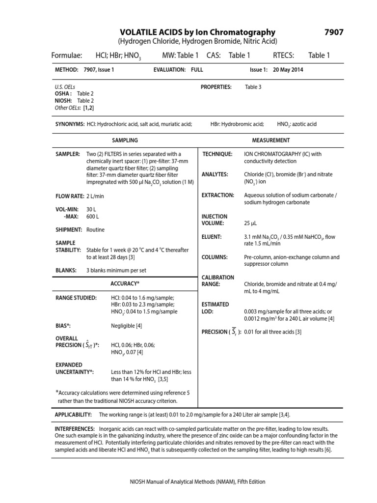 NIOSH 7907 - Ácidos Volátiles | PDF | Hydrochloric Acid | Sodium Carbonate