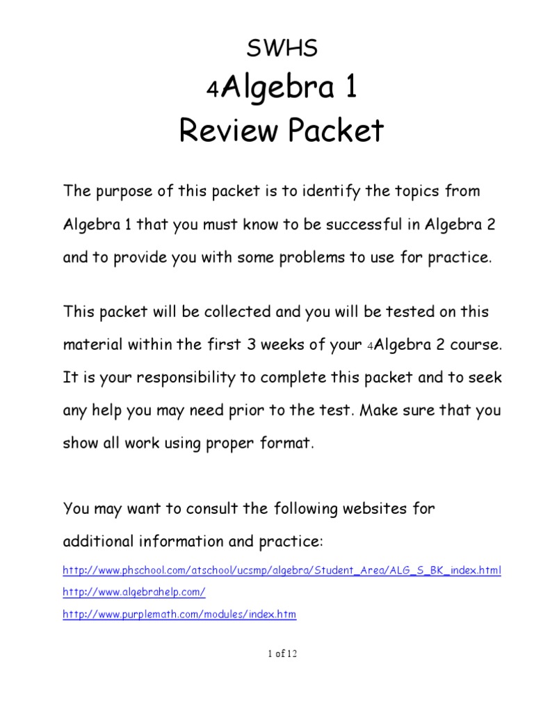 Algebra 1 Review Packet | PDF | Equations | Function (Mathematics)