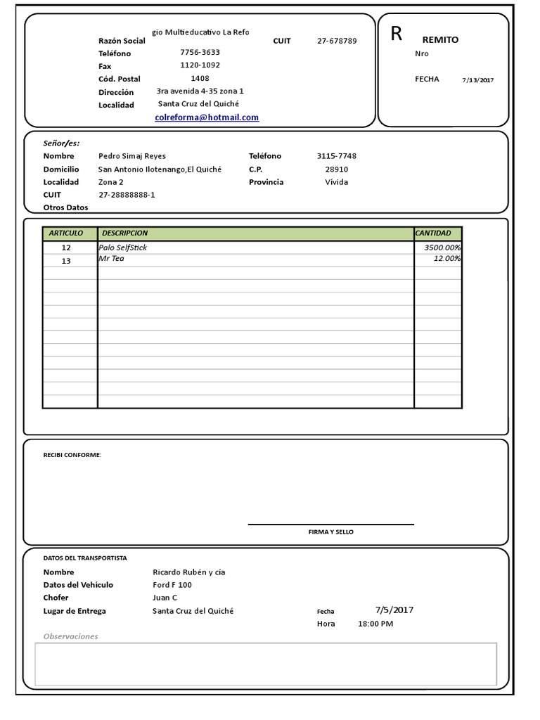 Planilla de Excel Remito | PDF