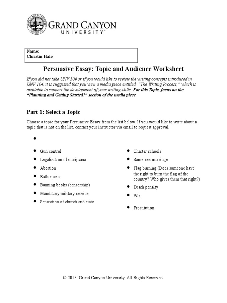 PHI105.T1 PersuasiveEssay TopicandAudienceWorksheet 4-21-14 | PDF ...
