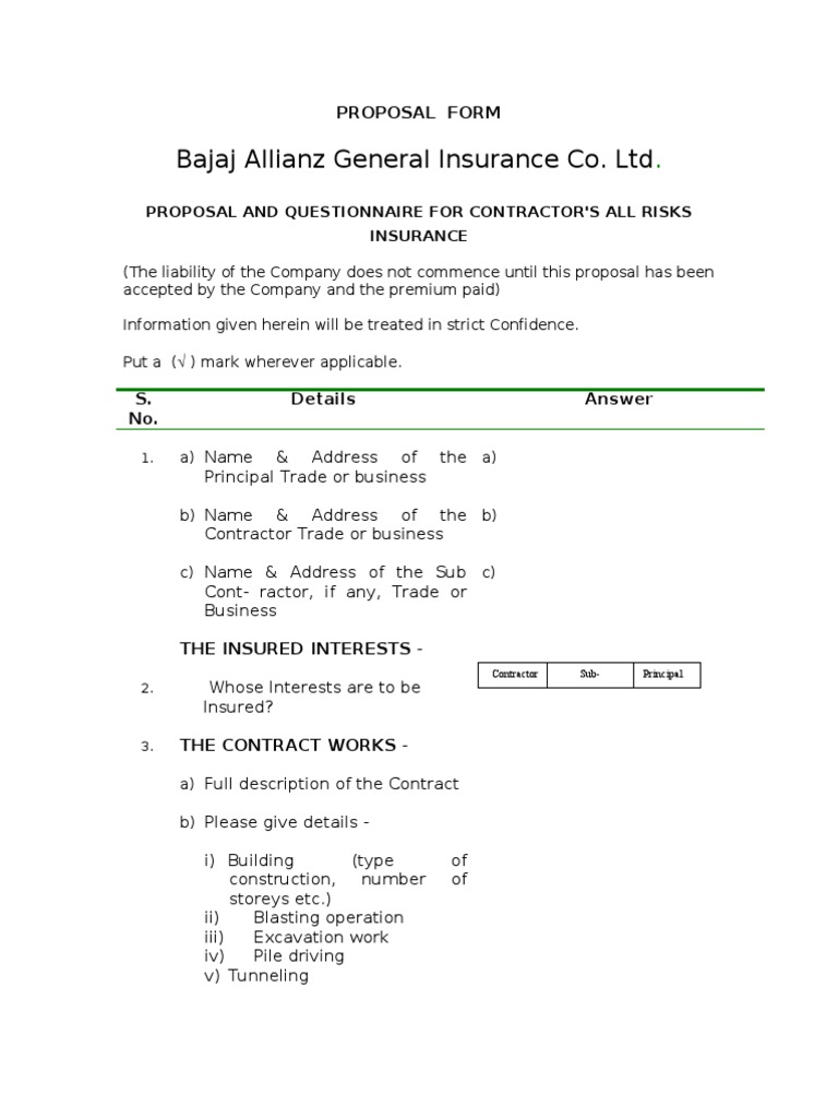 CONTRACTORS ALL RISK INSURANCE Proposal Form | PDF | Flood | Insurance