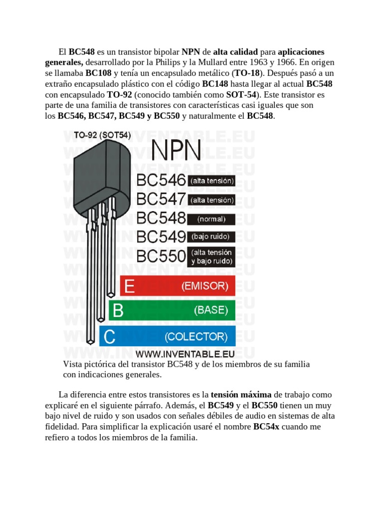 BC548 transistor NPN general uso familia características | PDF ...