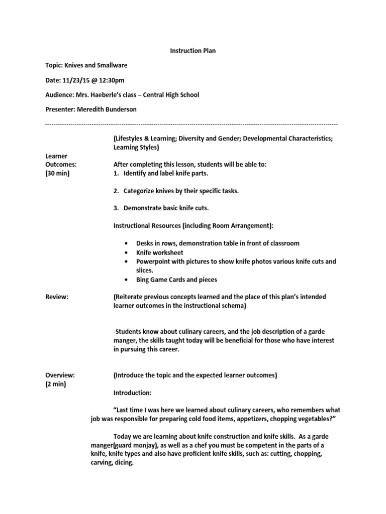 Sample Instruction Plan 1 | PDF | Knife | Cognition