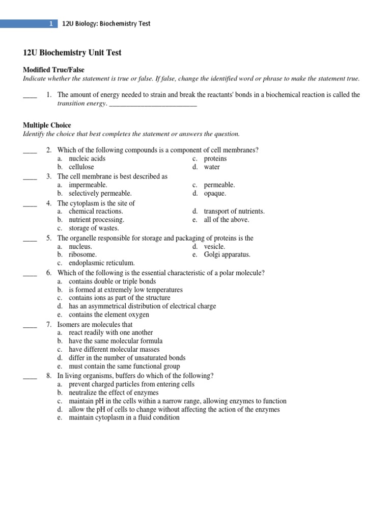 12U Biochemistry Unit Test Questions | PDF | Enzyme | Proteins