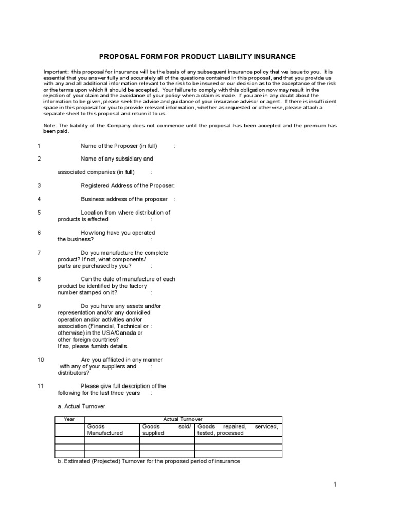 Proposal Form For Product Liability Insurance | Download Free PDF ...