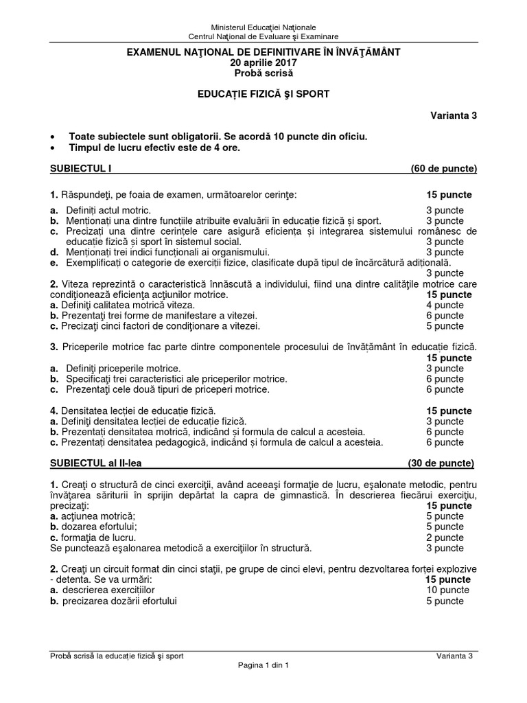 Subiecte Educatie Fizica - Definitivat 2017 PDF | PDF