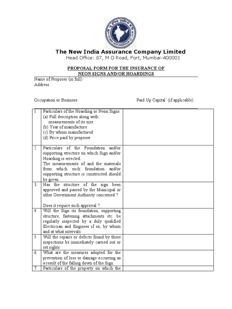 Neon Signs Insurance Proposal Form | PDF | Liability Insurance | Insurance