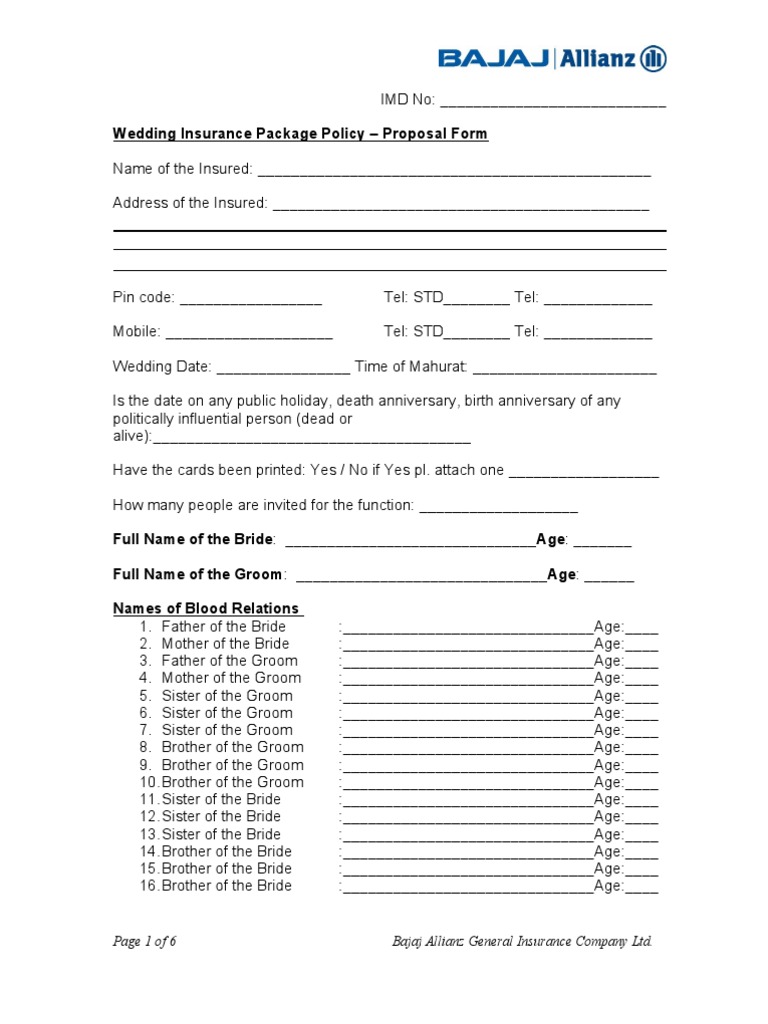 Wedding Insurance (Proposal Form) | Insurance | Service Industries