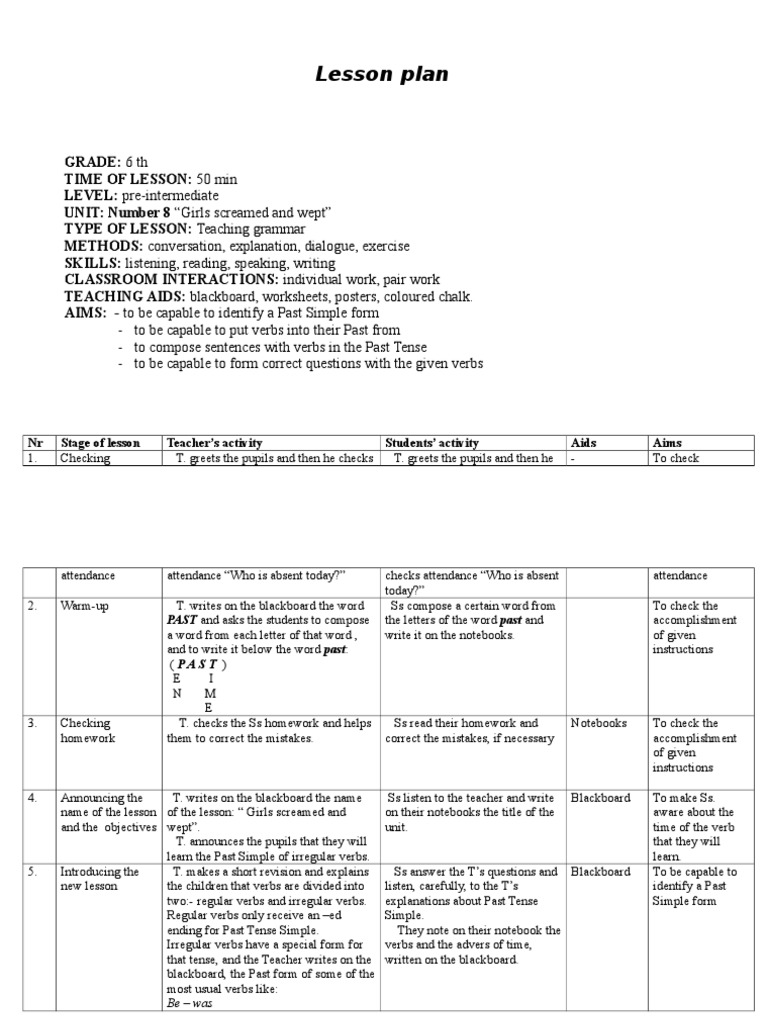 Lesson Plan 6 TH Grade | PDF | Lesson Plan | Verb