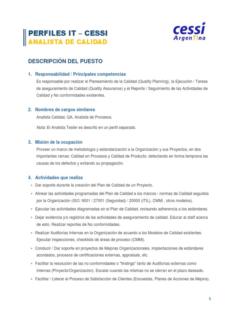 Perfiles IT Analista de Calidad | PDF | Itil | Calidad (comercial)
