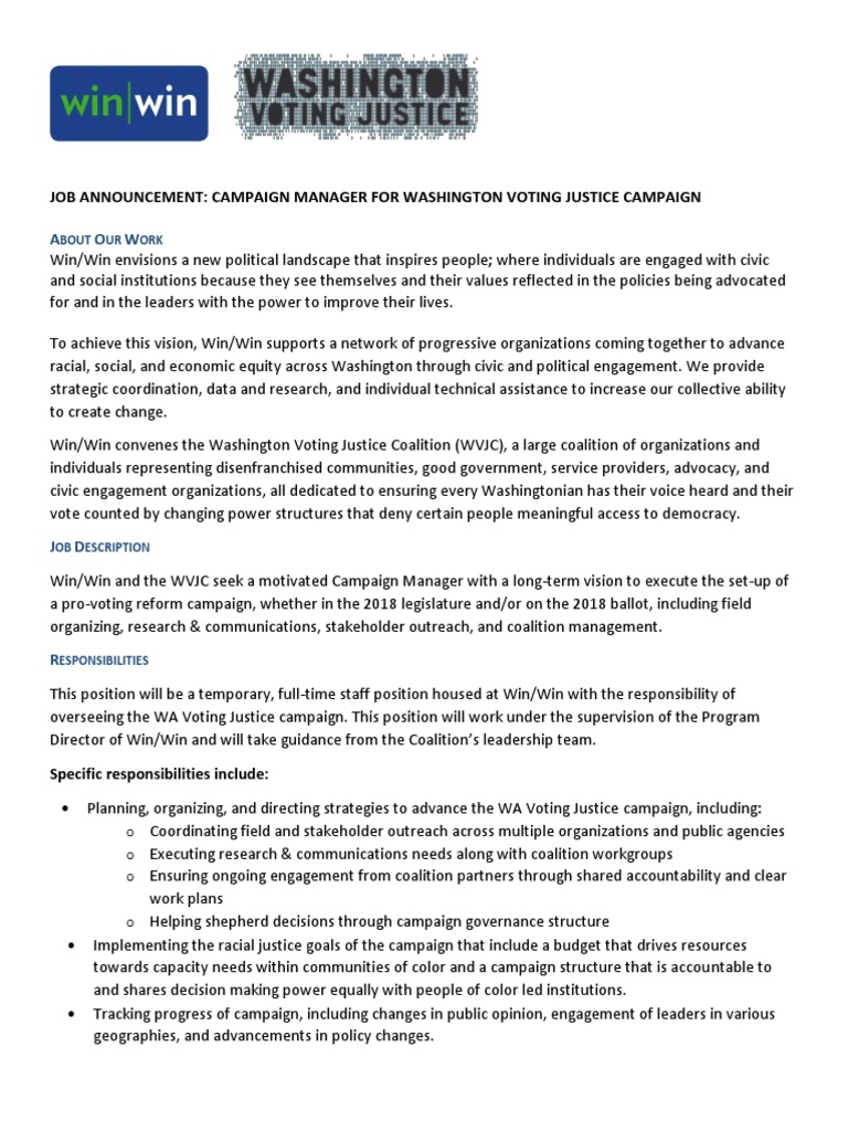 WVJC Campaign Manager Job Description | PDF | Leadership | Employment
