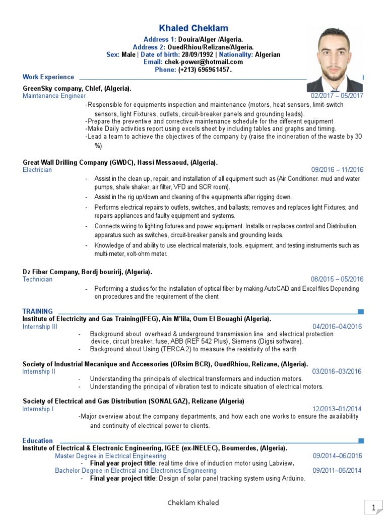Cheklam Khaled CV | PDF | Electrical Engineering | Electricity