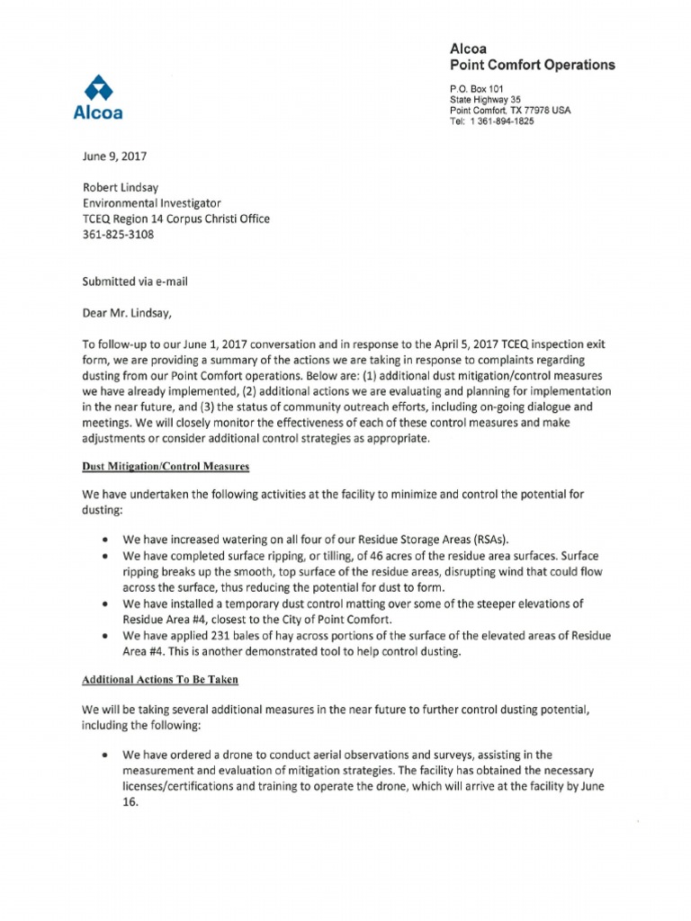 June 9 Letter From Alcoa To TCEQ | PDF