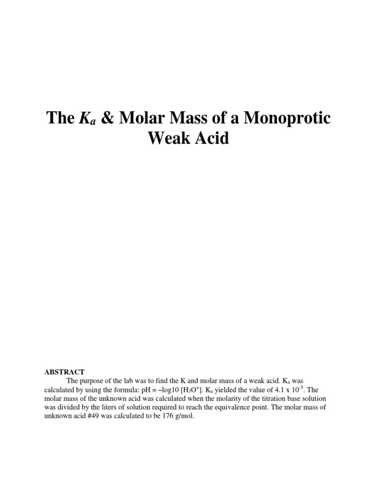 The Ka & Molar Mass of A Monoprotic Weak Acid | PDF | Ph | Acid