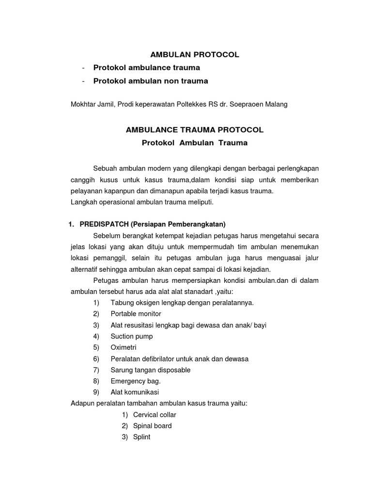 Ambulance Protocol Protokol Ambulan Trau | PDF