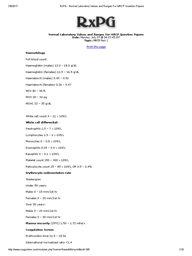MRCP Part 1 Lab Values Reference Guide | PDF | Cholesterol | White ...