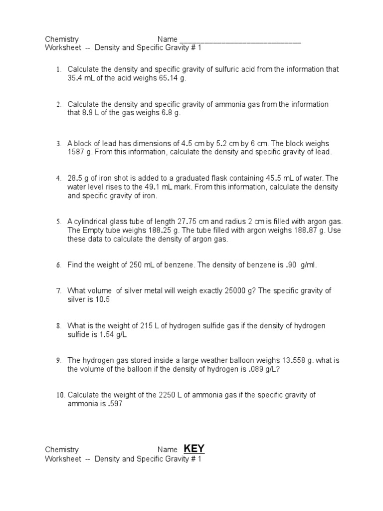 Worksheet - Density and Specific Gravity $23 1 | PDF | Density | Volume