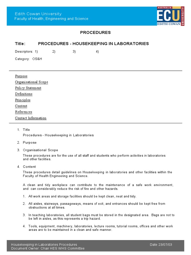 Laboratory Housekeeping Procedures Guide | PDF | Housekeeping ...