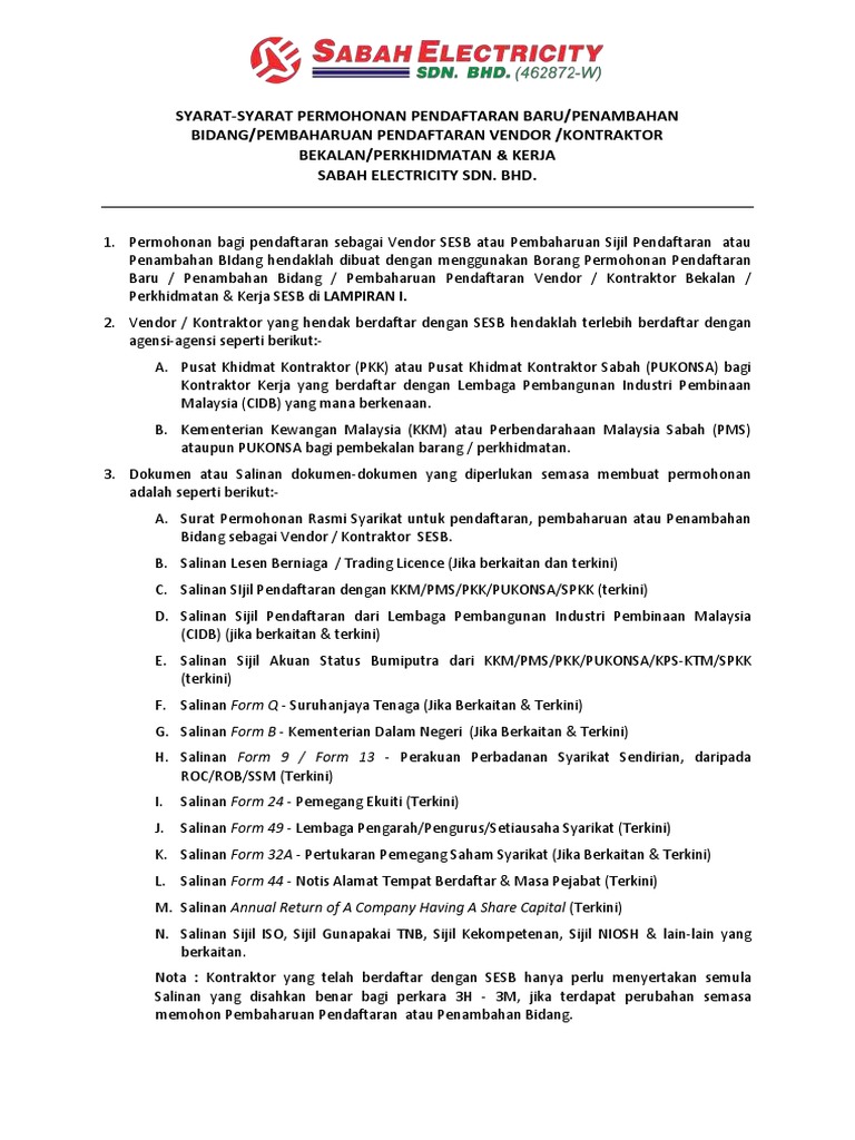 VendorRegistration - SESB | PDF