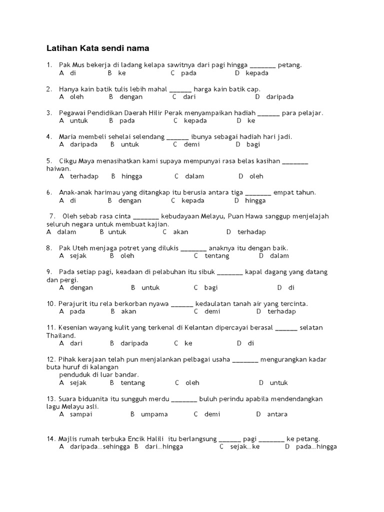 Soalan Kata Sendi Nama Tahun 6 | PDF
