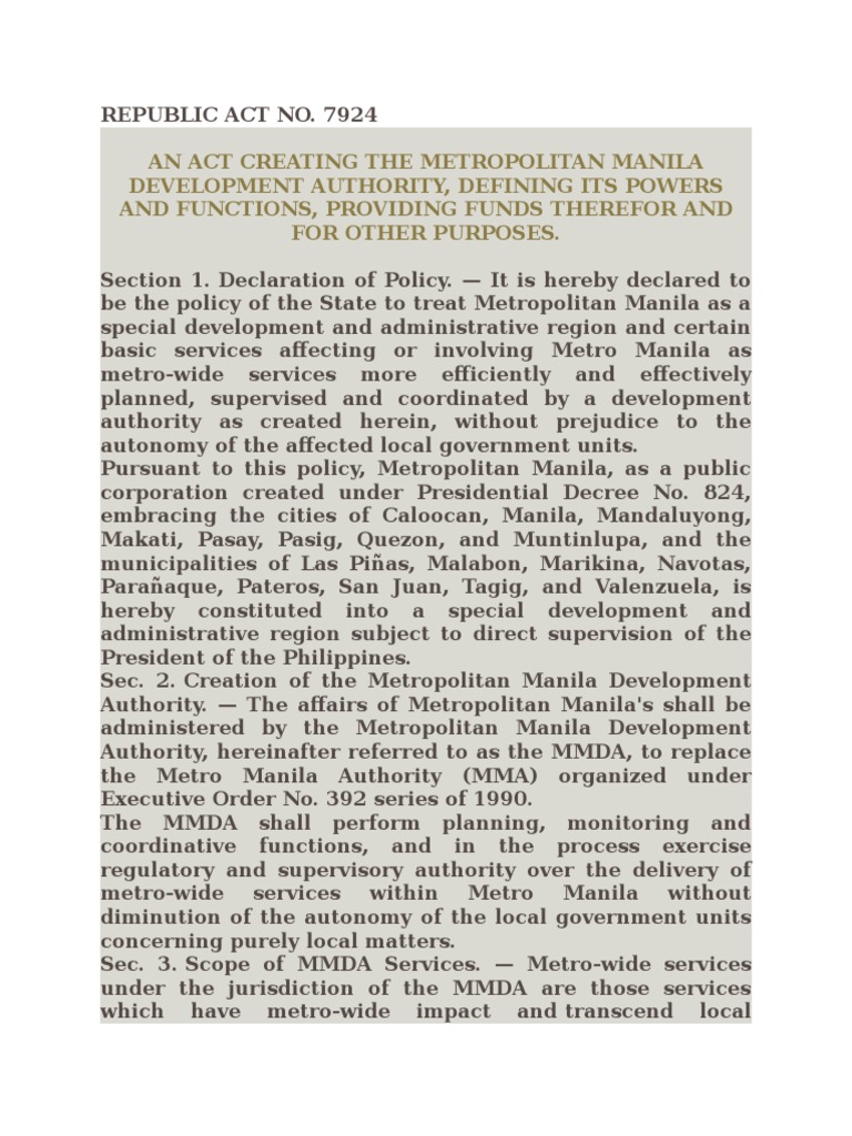 An Act Creating The Metropolitan Manila Development Authority, Defining ...