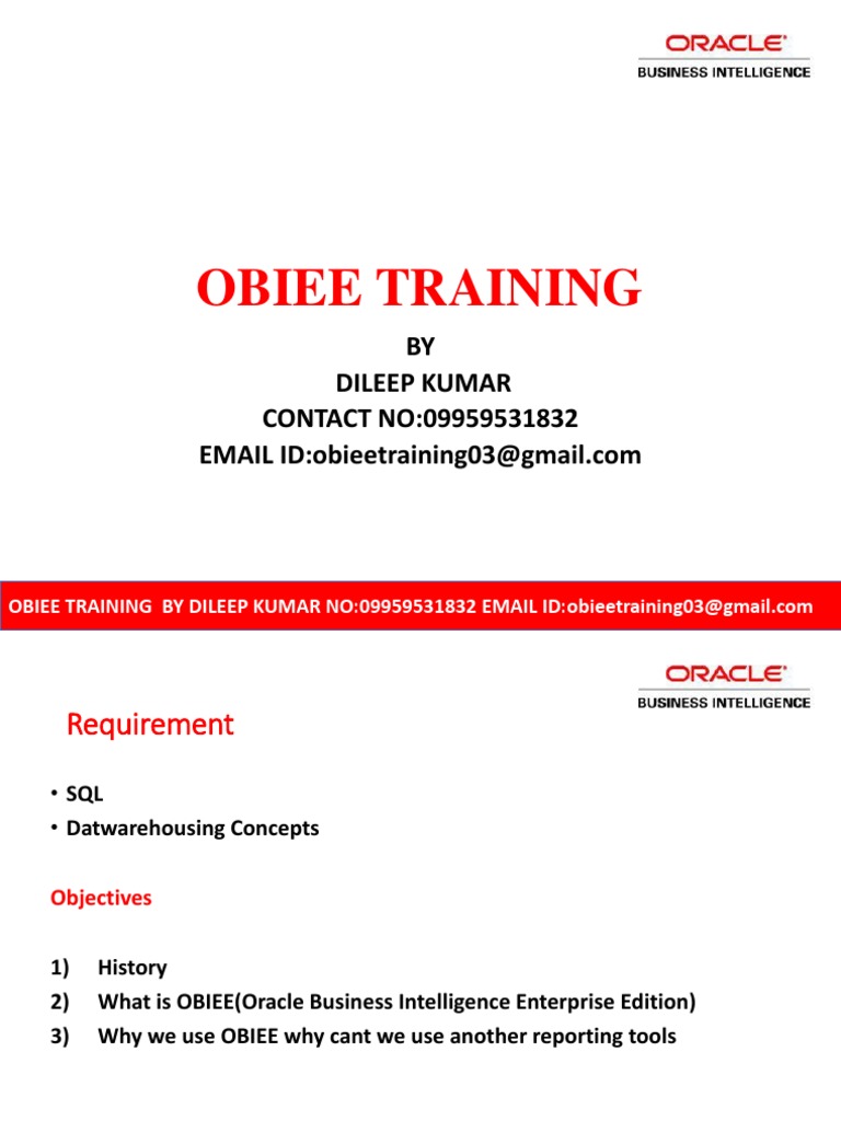 Obiee Training: BY Dileep Kumar CONTACT NO:09959531832 | PDF | Oracle Database | Databases