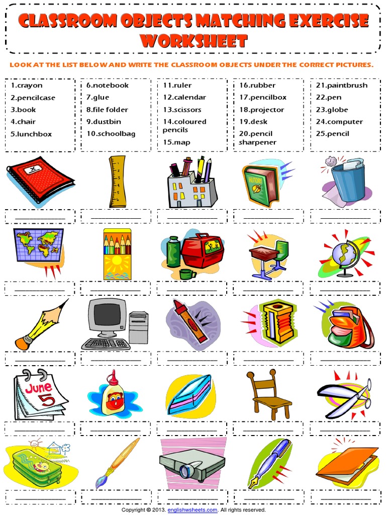 Classroom Objects Supplies Vocabulary Matching Exercise Worksheet PDF | PDF
