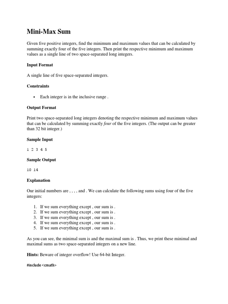 Mini-Max Sum: Input Format | PDF | Computer Architecture | Discrete Mathematics