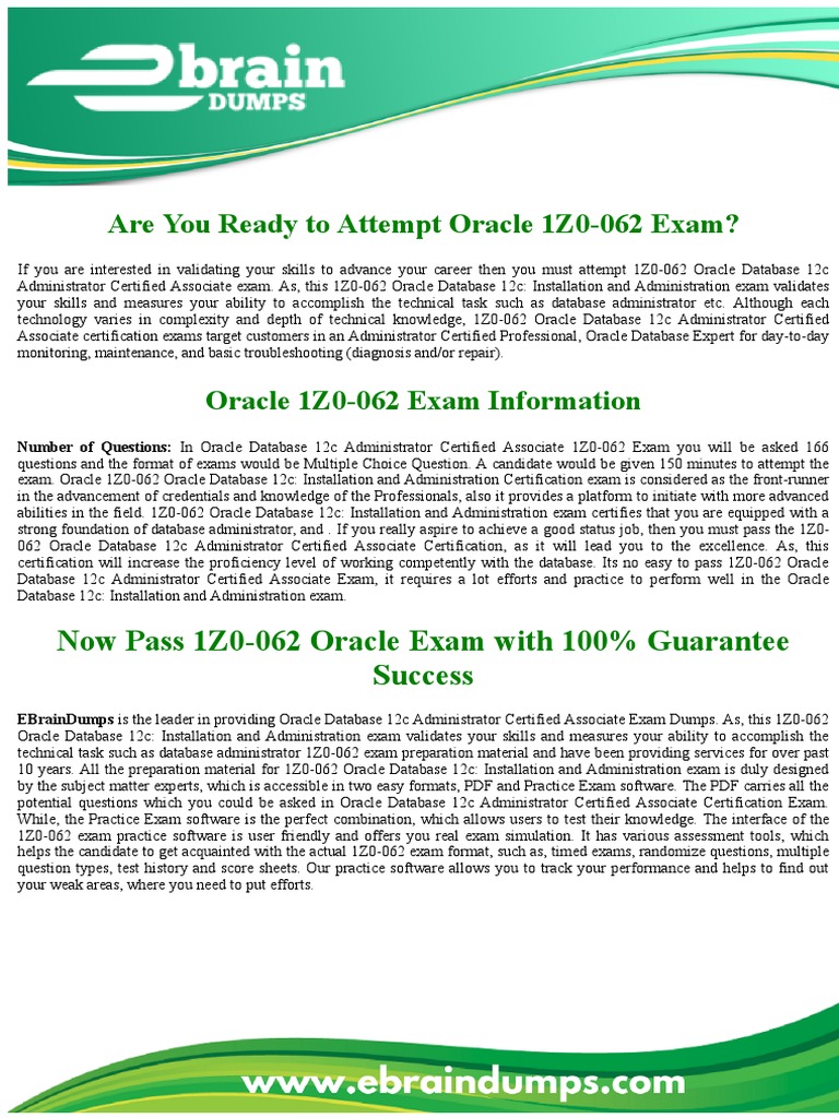 1Z0-062 Dumps - Oracle Database Administrator Exam | PDF | Professional ...