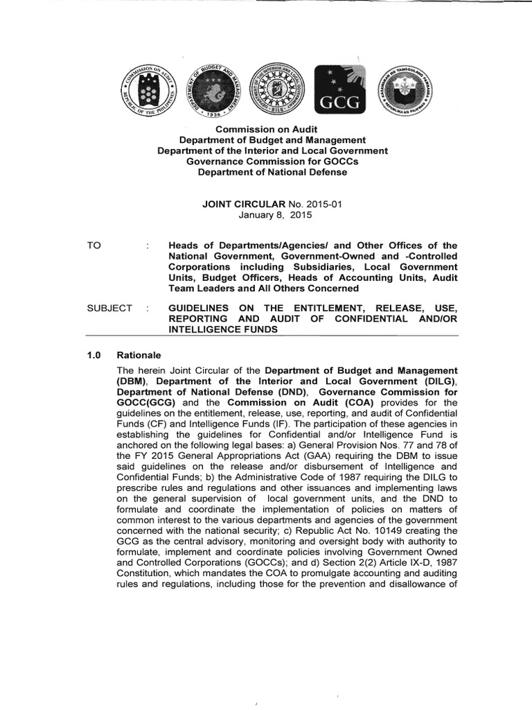 COA-DND-DBM-GCG-DILG Joint Circular 2015-01, Use of Confidential Funds ...