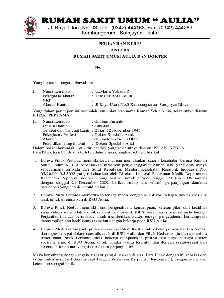 Contoh Pks Antara Rs Dan Dokter | PDF
